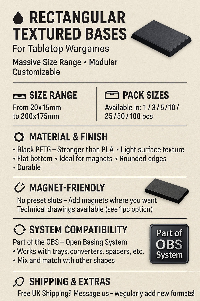 Rectangle Bases Range Sizes - 75x30mm to 125x40mm Medium Sizes 3d Prin ...